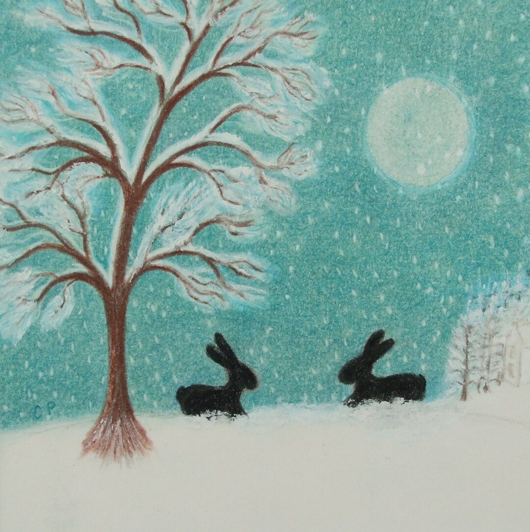 Rabbit Card, Christmas Bunny Card, Snow Black Rabbits Tree Moon Card ...