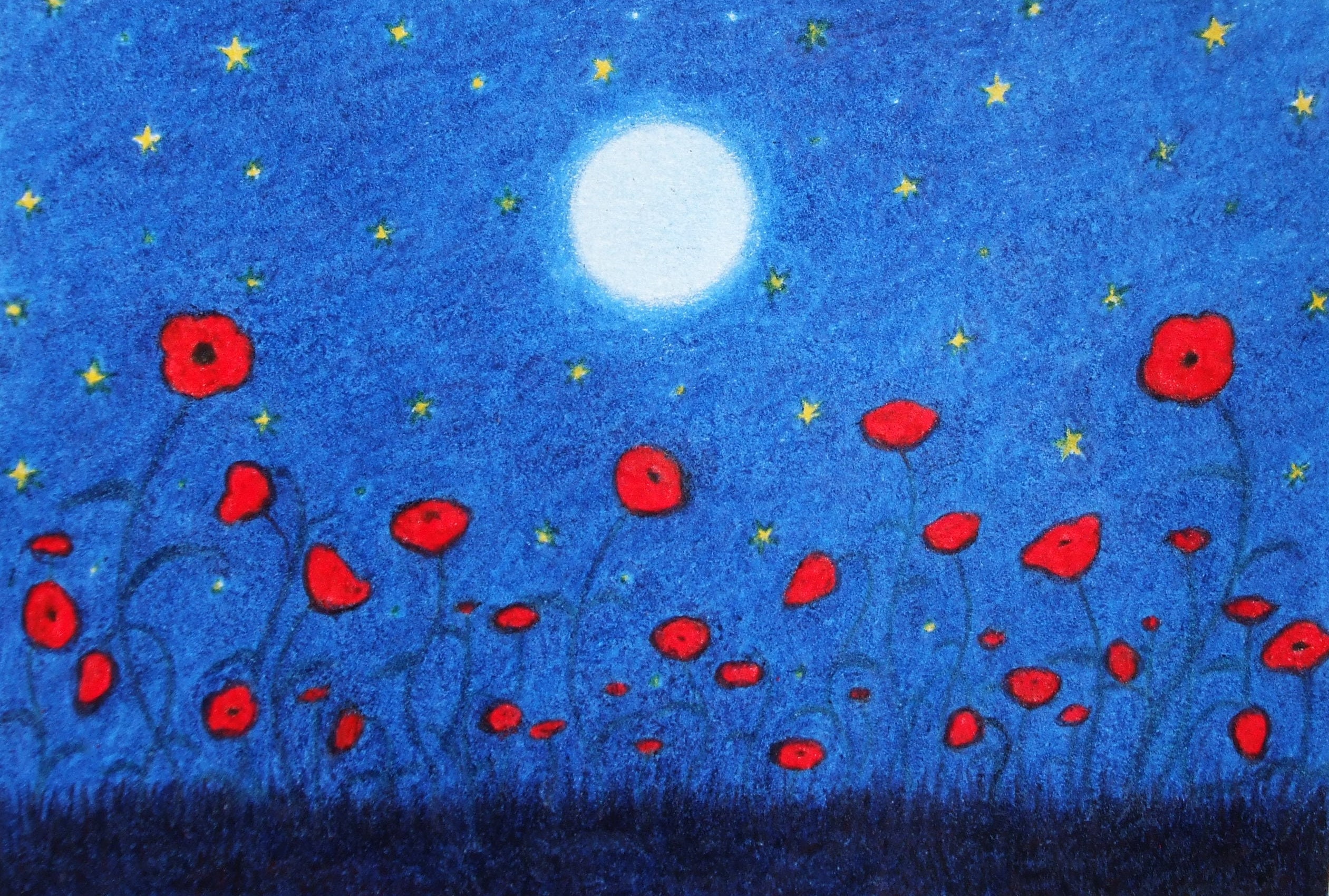 Poppy Card, Sympathy Card, Moon Stars Flowers Card, Red Poppy Field ...