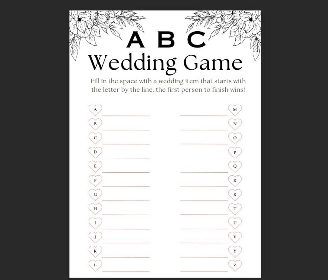 ABC Wedding Game- Shower Game, Bridal Gamer, Hen Party, Bach Game ...