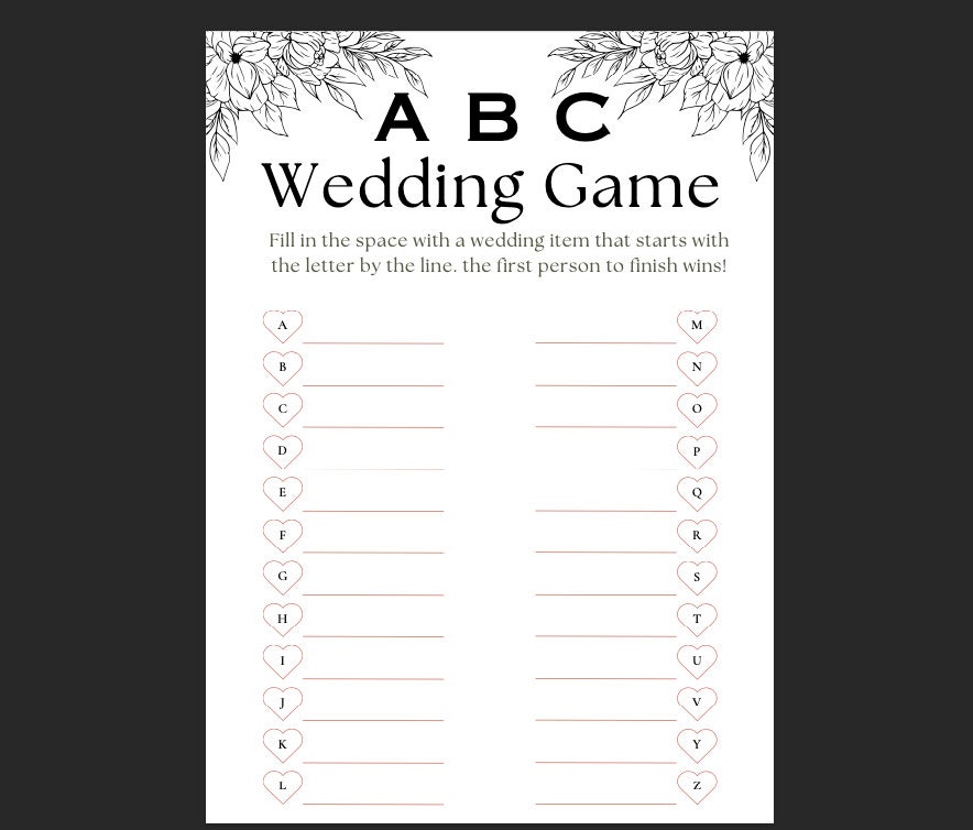 ABC Wedding Game- Shower Game, Bridal Gamer, Hen Party, Bach Game ...
