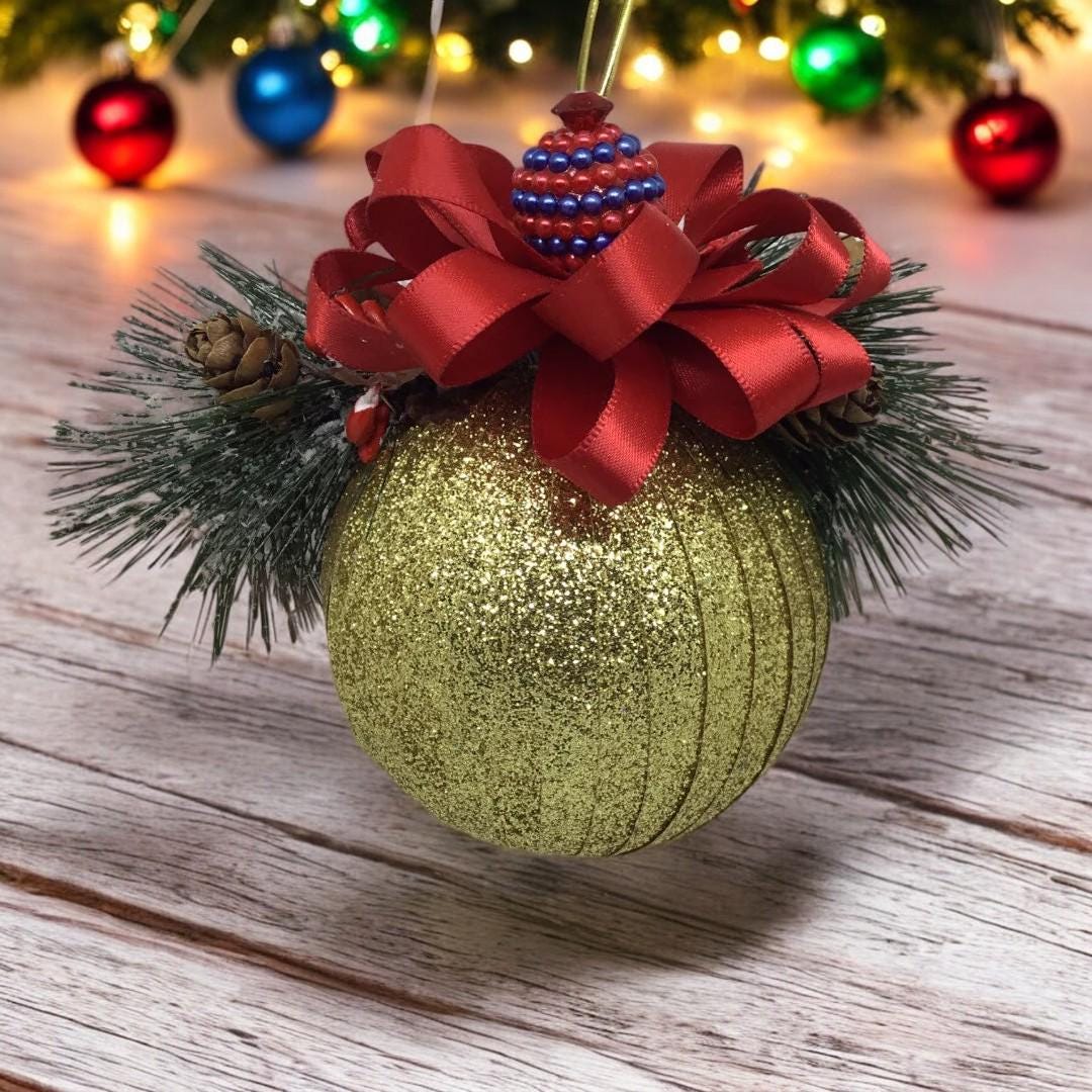Enchanting Gold Glitter & Evergreen Christmas Ornament – Festive ...