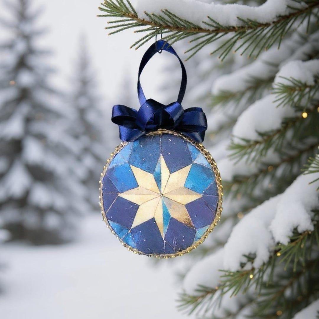 Blue Texas Star Ornament – Rustic Quilted Christmas Decor With Navy Bow ...