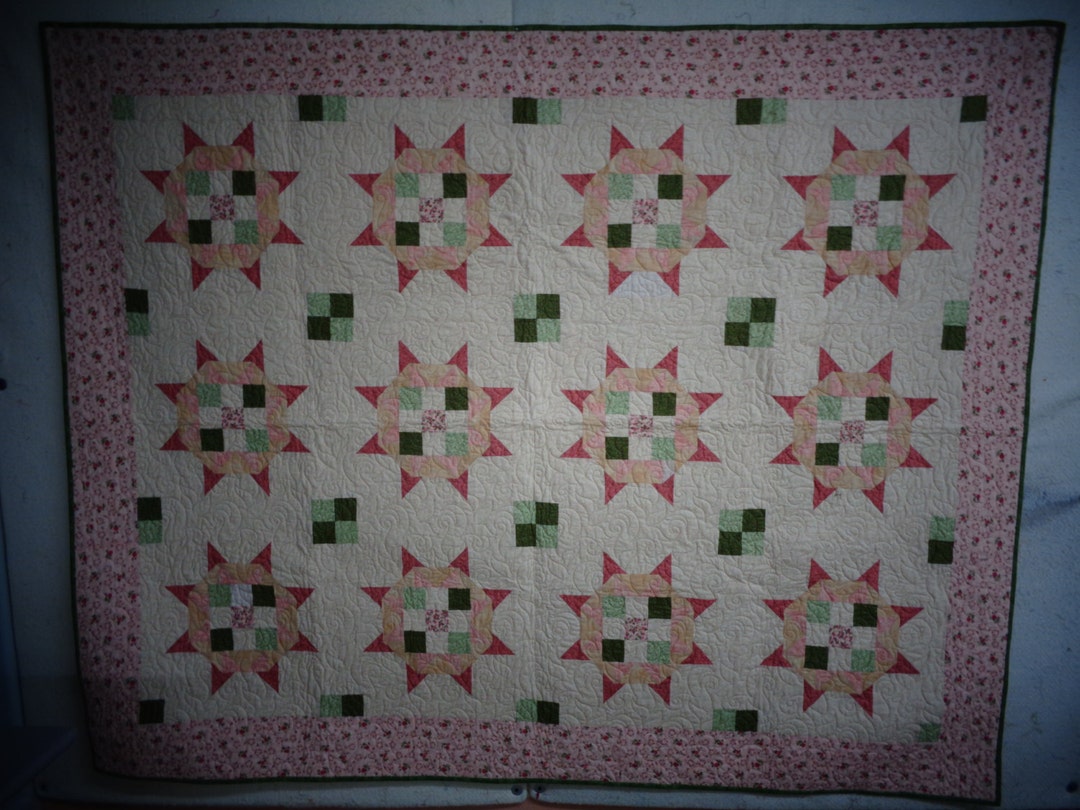 Starfire Pattern in Greens and Pinks With Tiny Pink Roses - Etsy