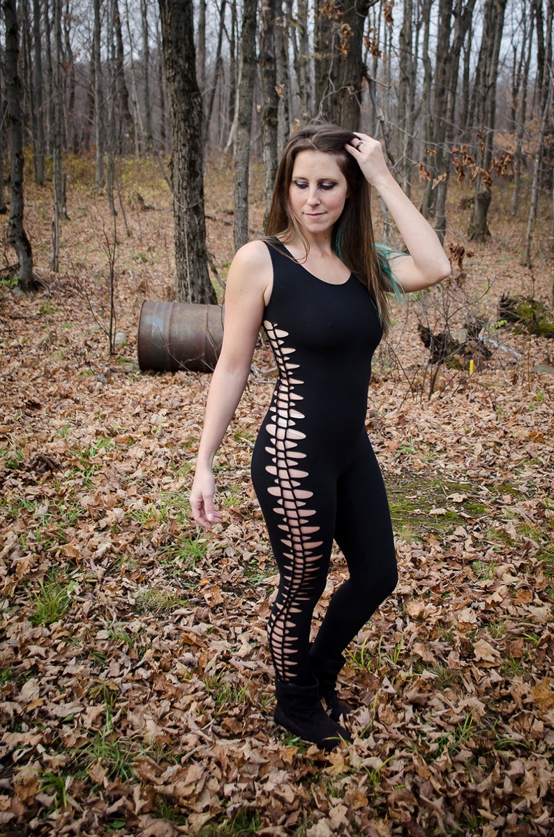 Slit Weave Onsie Cat Suit Unitard Bodysuit Side Cut Bodysuit Leotard ...