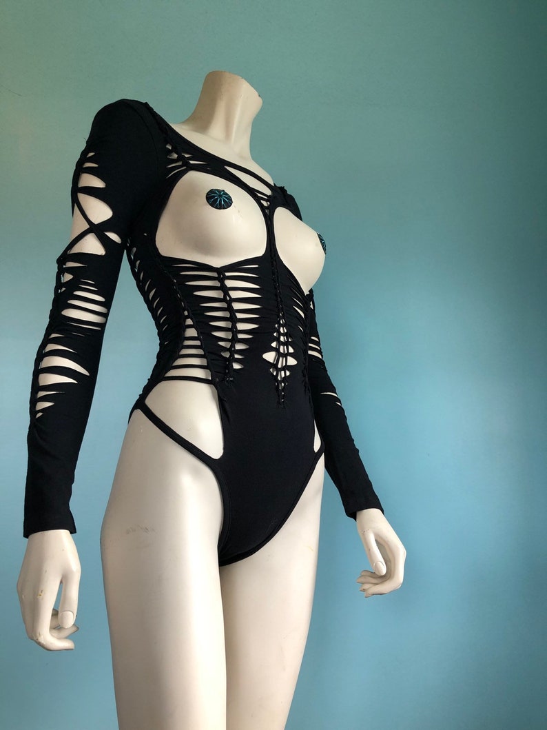 Bodysuit Sexy Slit Weave Festival Rave Bodysuit Gift for Girlfriend Black Friday Sale Cut ...