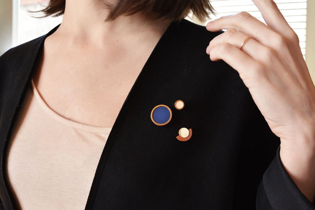 Pin Badge Set, Brass and Wood Geometric Pins, Geometric Pin, Brooch ...