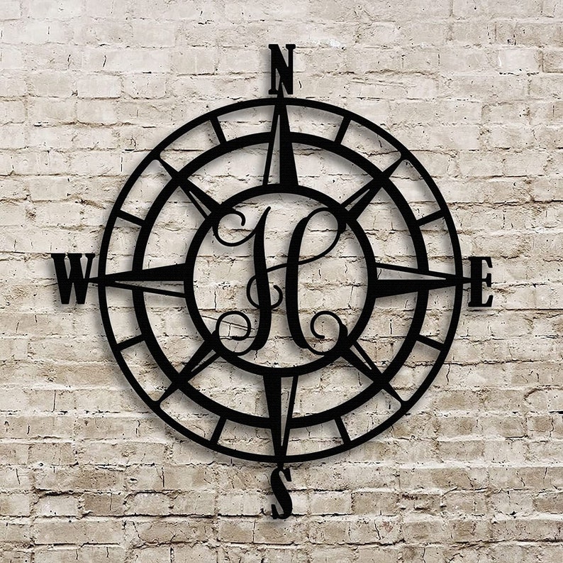 Nautical Compass Rose Metal Wall Art With Monogram Letter - Etsy