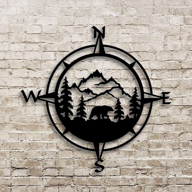 Outdoor Themed Compass Metal Art With Bear - Etsy