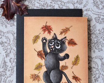 Black Cat Fall Leaves Card - Etsy
