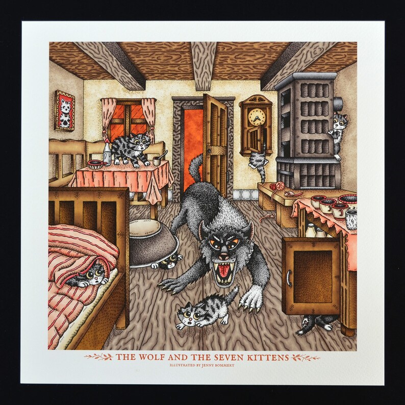 Wolf And The Seven Kittens Art Print Fairy Tale | Etsy