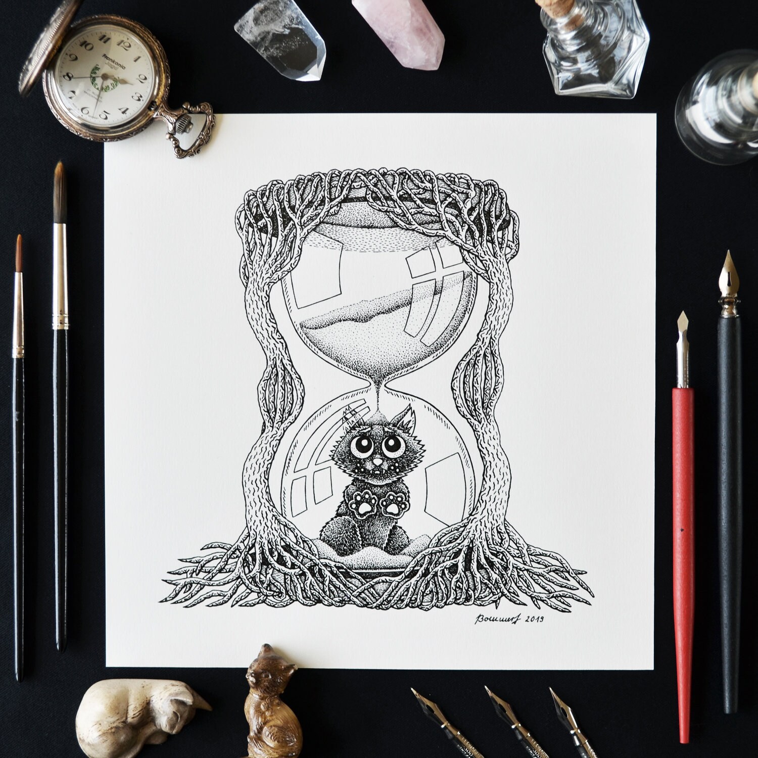 Pen & Ink Dark Art Tree Roots Feline Illustration Original Art ...
