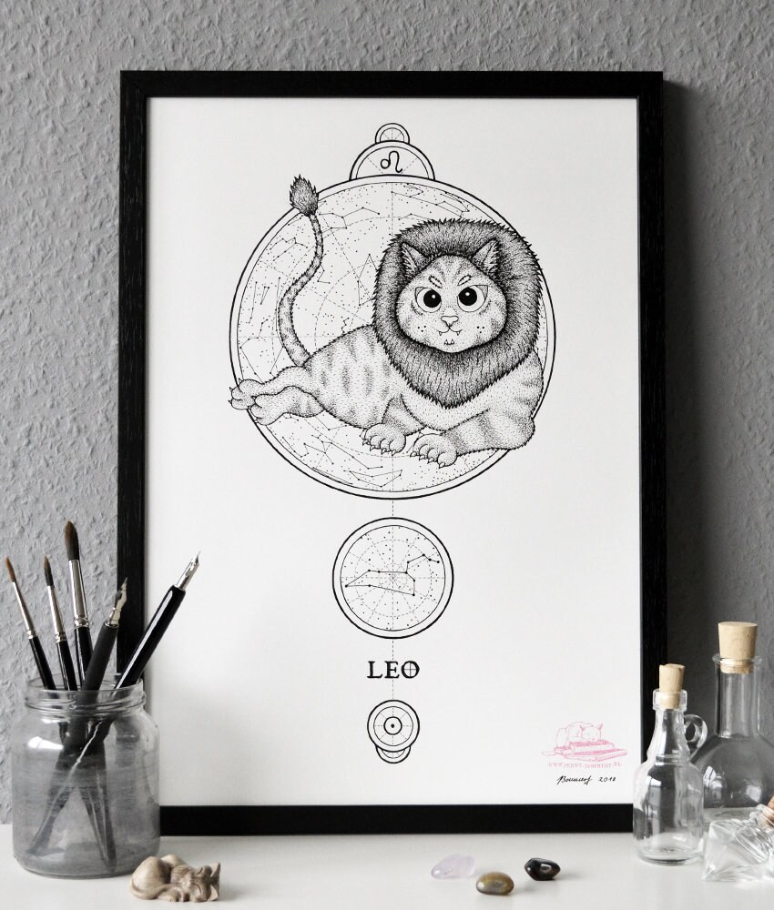 Zodiac Sign Leo Drawing Original Art Ginger Cat Lion Cat - Etsy