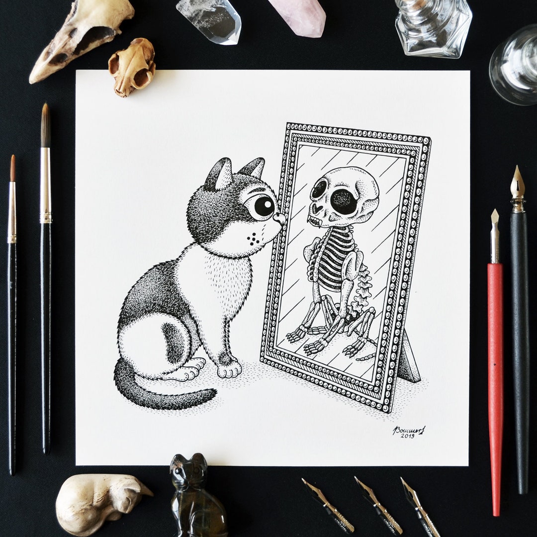 Mirror Reality Original Art, Memento Mori, Cat Skeleton, Creepy Cute ...