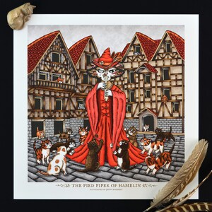 Pied Piper of Hamelin Art Print Fairy Tale Illustration, Tabby Cat ...