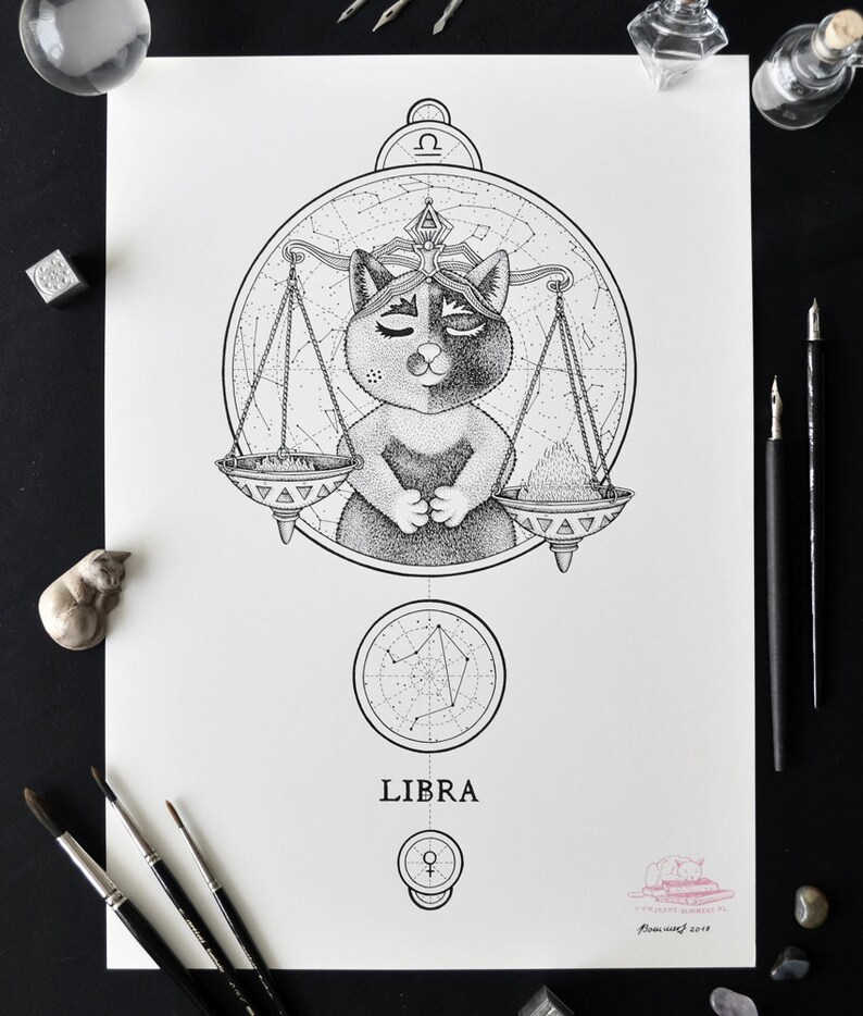 Zodiac Sign Libra Drawing Original Art, Tortoiseshell Cat, Libra Star ...