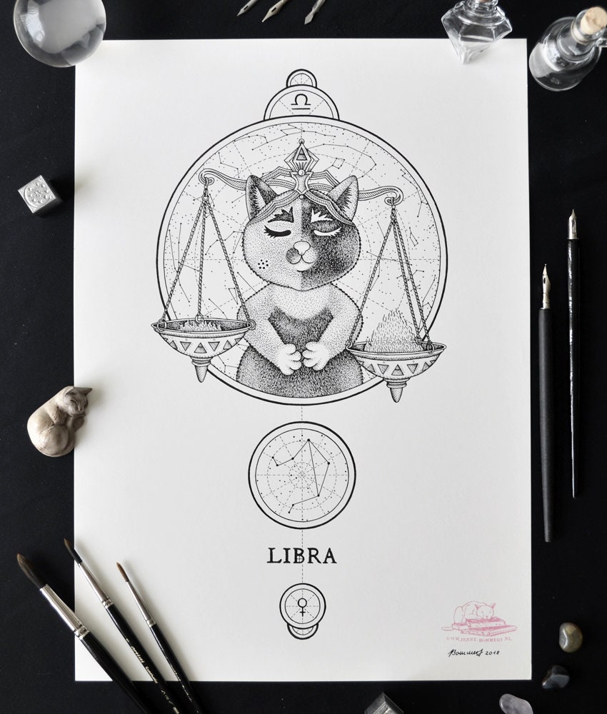 Zodiac Sign Libra Drawing Original Art, Tortoiseshell Cat, Libra Star ...