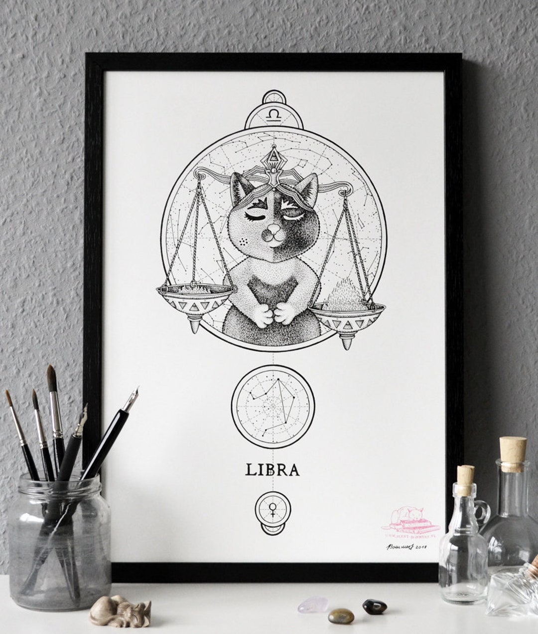 Zodiac Sign Libra Drawing Original Art, Tortoiseshell Cat, Libra Star ...