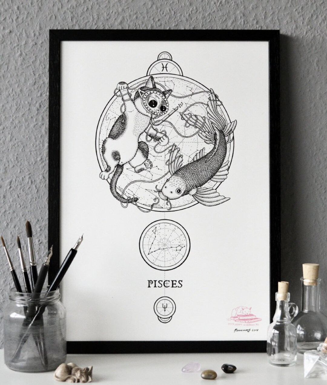 Zodiac Sign Pisces Drawing Original Art, Black White Cat, Pisces Star ...