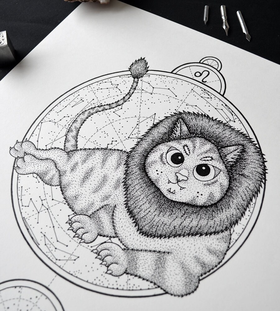 Zodiac Sign Leo Drawing Original Art Ginger Cat Lion Cat - Etsy