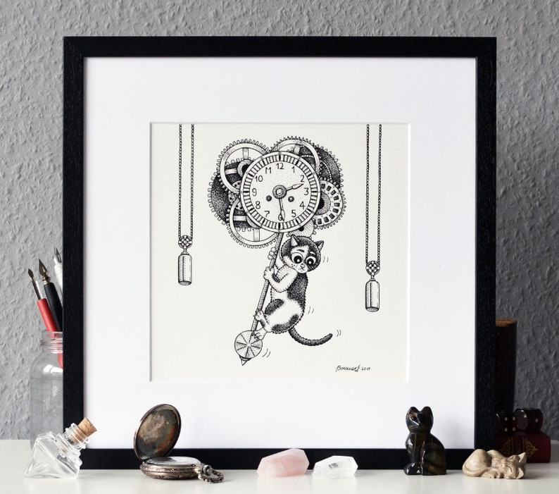 Catching Clockwork Original Art Steampunk Cat Time Travel | Etsy