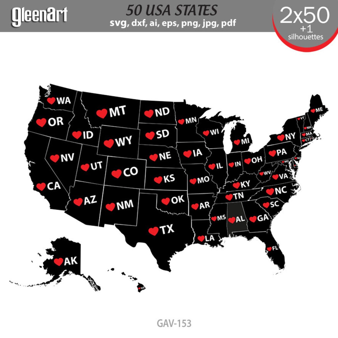 50 USA Map Svg, 50 USA State Svg, Silhouette Svg, United States of ...