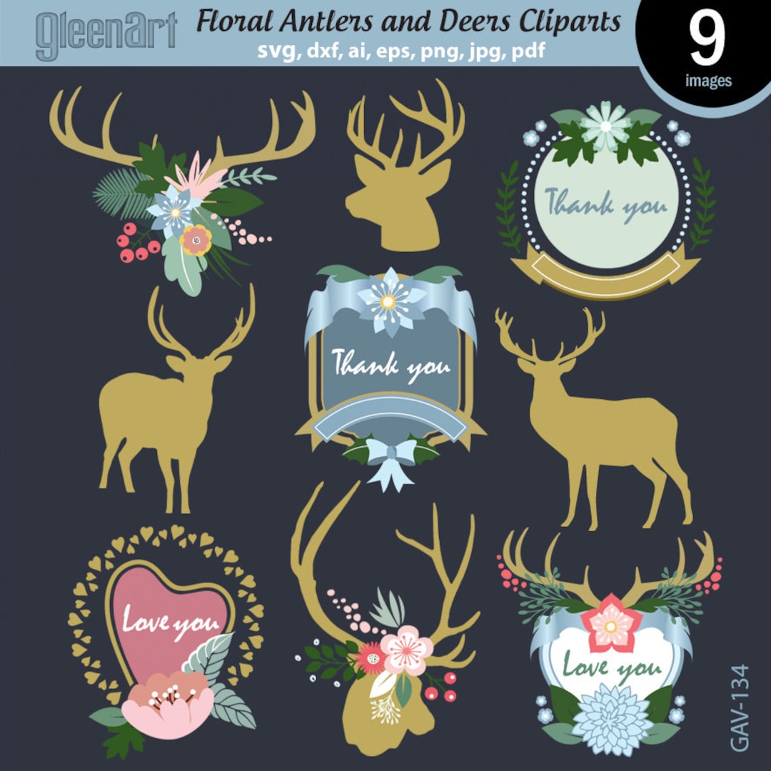 Floral Antlers and Deers Clipart, Deer Antlers With Flowers, Wedding ...