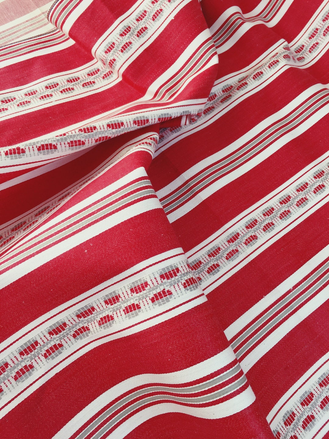 Per Yard - RARE Antique Ticking Fabric in Stripes Taupe & Red Vintage ...