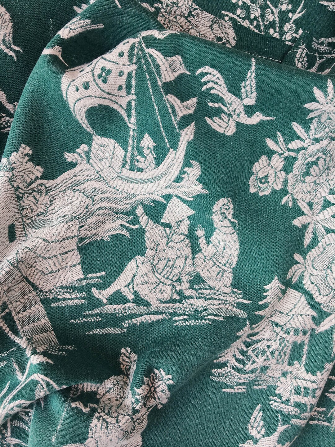 22"x33" Vintage Ticking Fabric Forest Green Chinoiserie Scene Soft ...