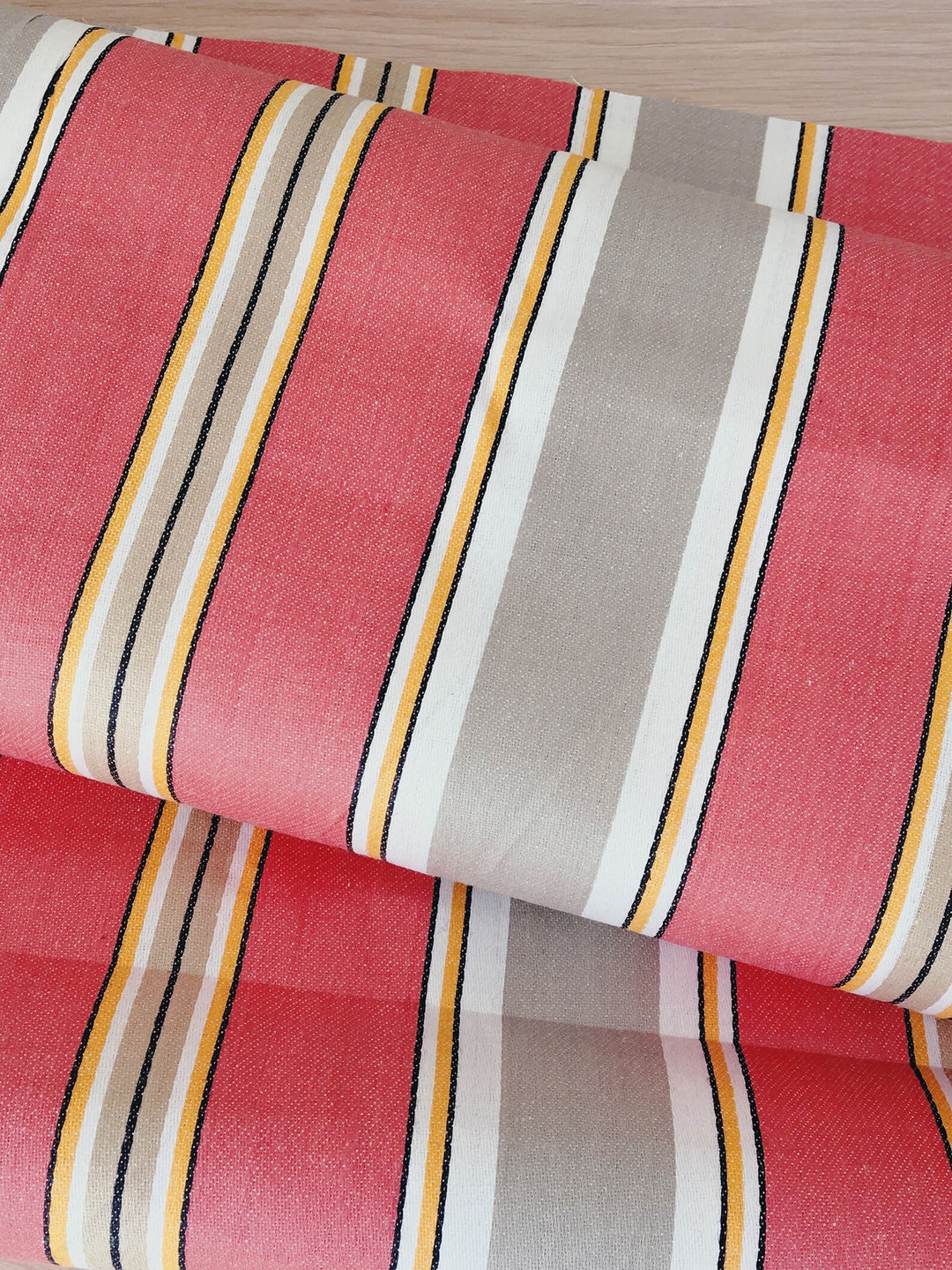 Per Yard - Vintage Ticking Fabric Orange Gray Striped Cotton UNUSED ...