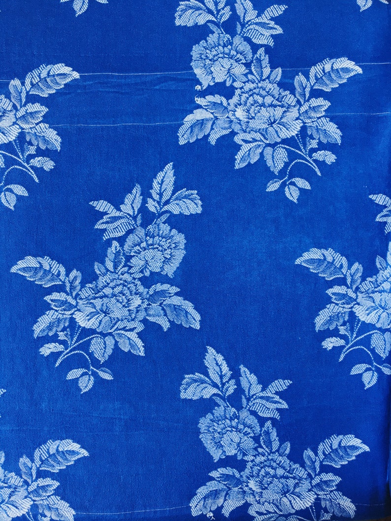 48"x19" Vintage Ticking Fabric Cobalt Blue Floral Pattern Sturdy Medium ...