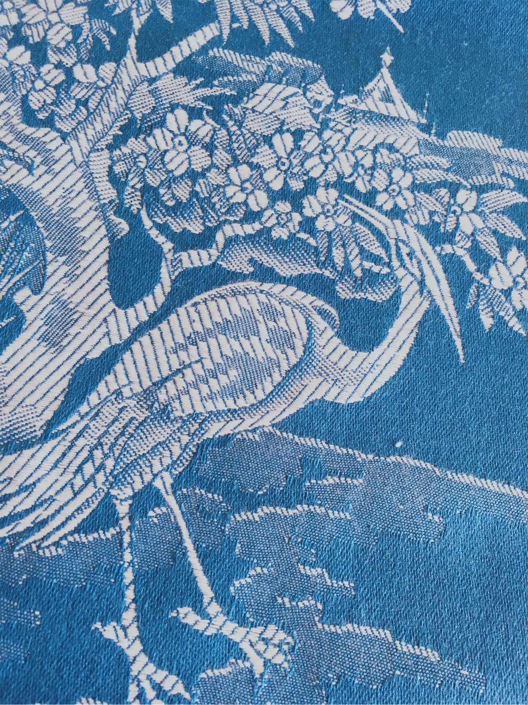 Per Yard - Antique Ticking Fabric BLUE Birds Chinoiserie Cotton ...