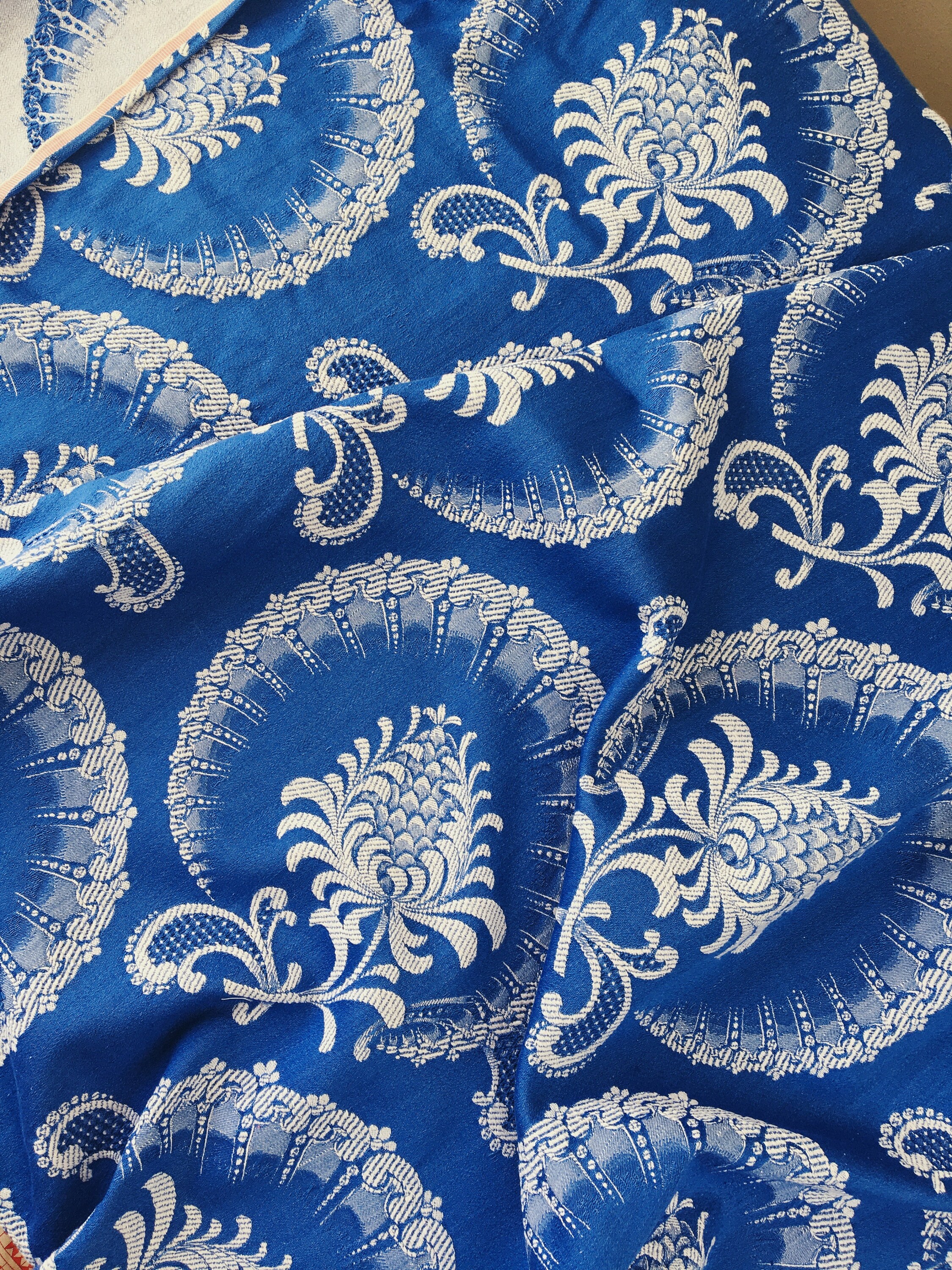 PRE-ORDER - Antique Ticking Fabric Historic Pomegranate Blue Jacquard ...