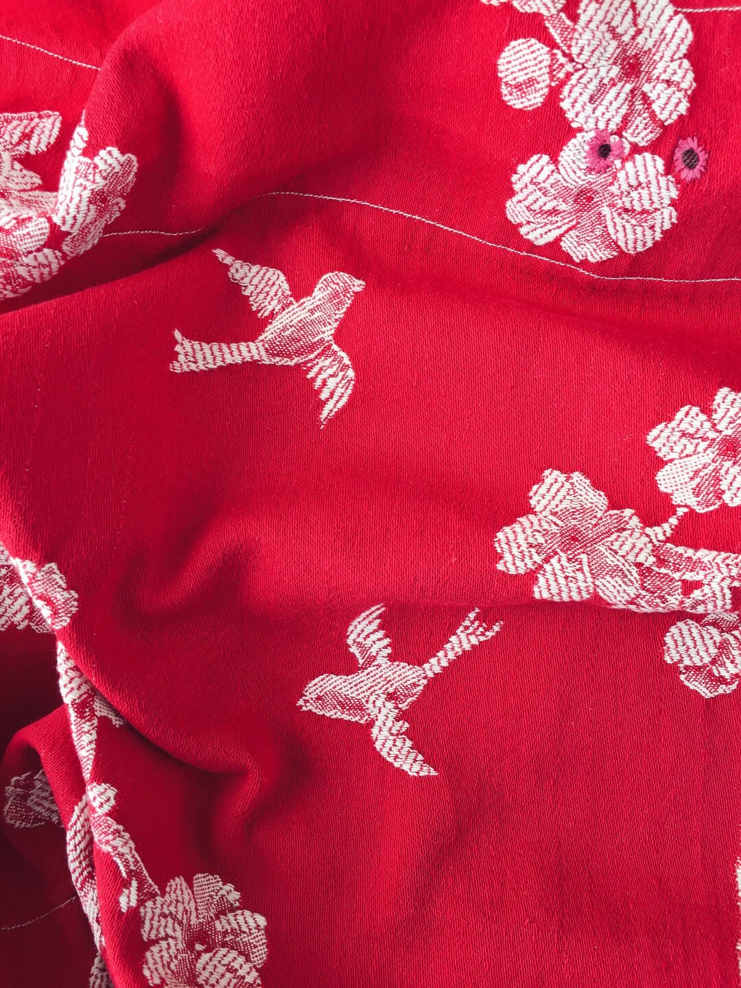 19"x48" Very RARE Antique Cherry Red Birds Ticking Fabric 1920-1930s ...