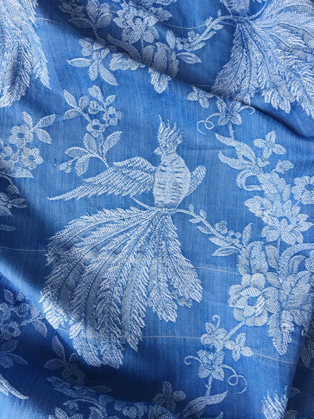 38"x41" 1930s Rare Birds Pattern Antique Ticking Fabric ROYAL Blue Soft ...