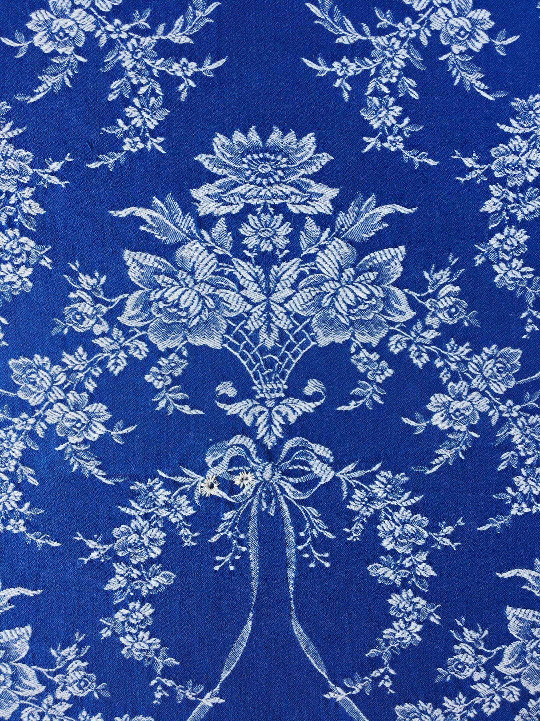 24"x39" ANTIQUE Ticking Fabric 1940s Floral Garlands Cobalt Blue Cotton ...