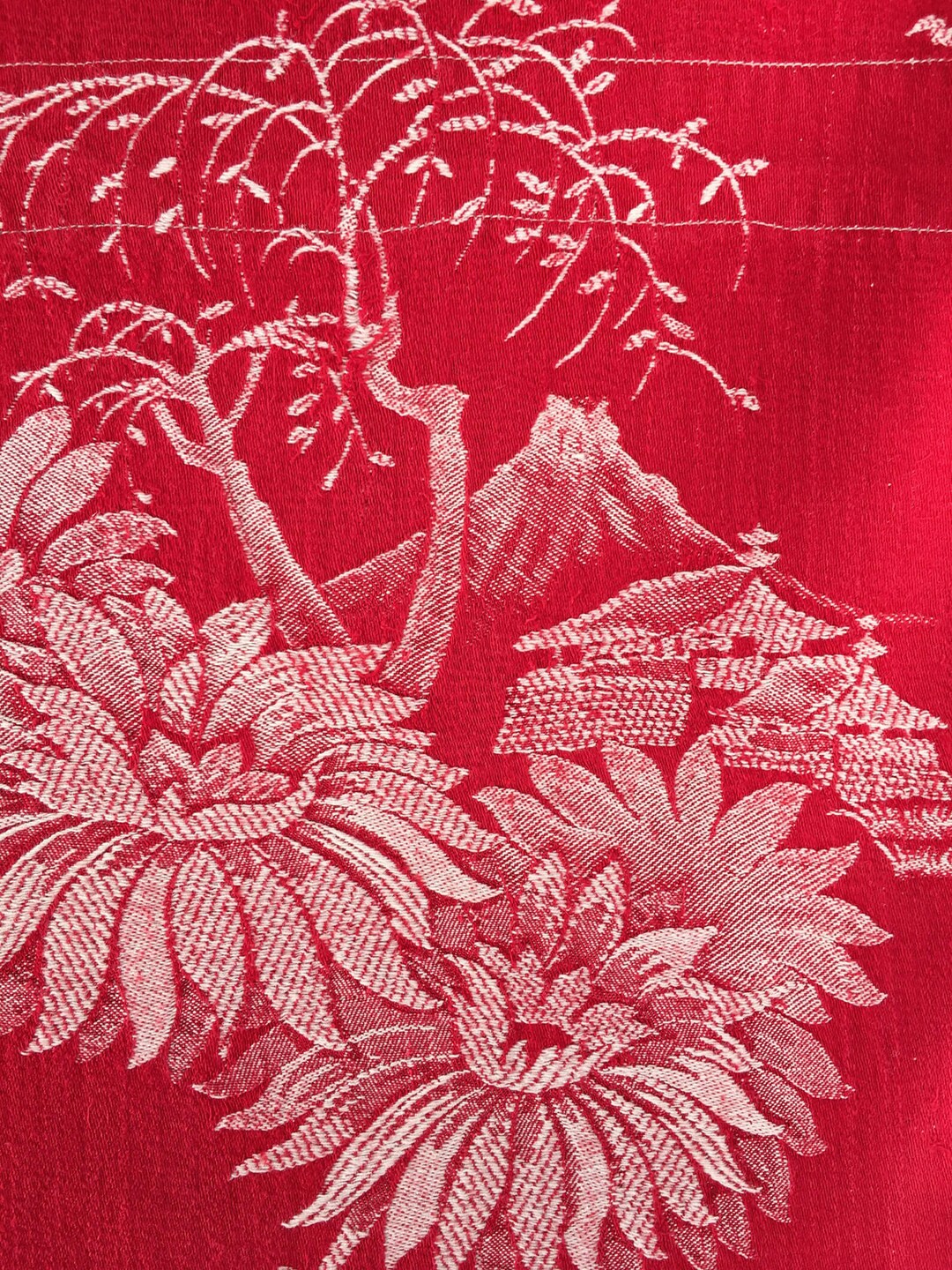 44"x31" RARE Antique Red Chinoiserie Ticking Fabric Jacquard Loom ...