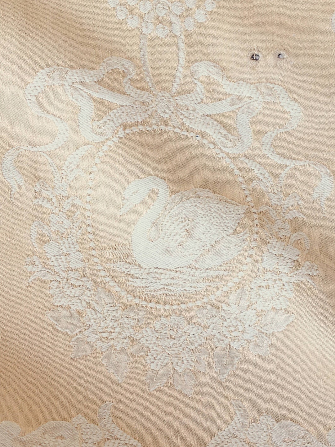 Fabric SAMPLE 4"x4" - 1930s Rare French Swans Motif Antique Ticking ...