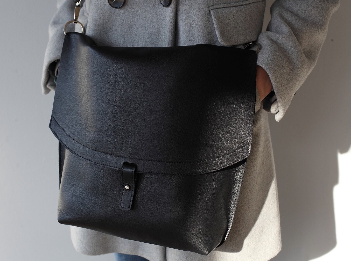 Black Leather Hobo Bag Crossbody Black Leather Bag Messenger | Etsy