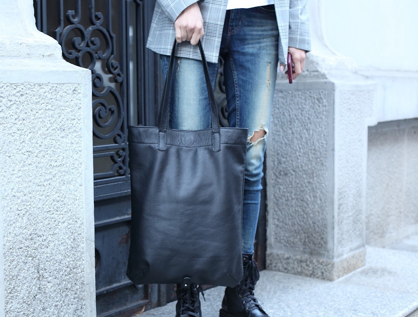 Tote Backpack Black Leather Bag, Versatility Bag - Etsy