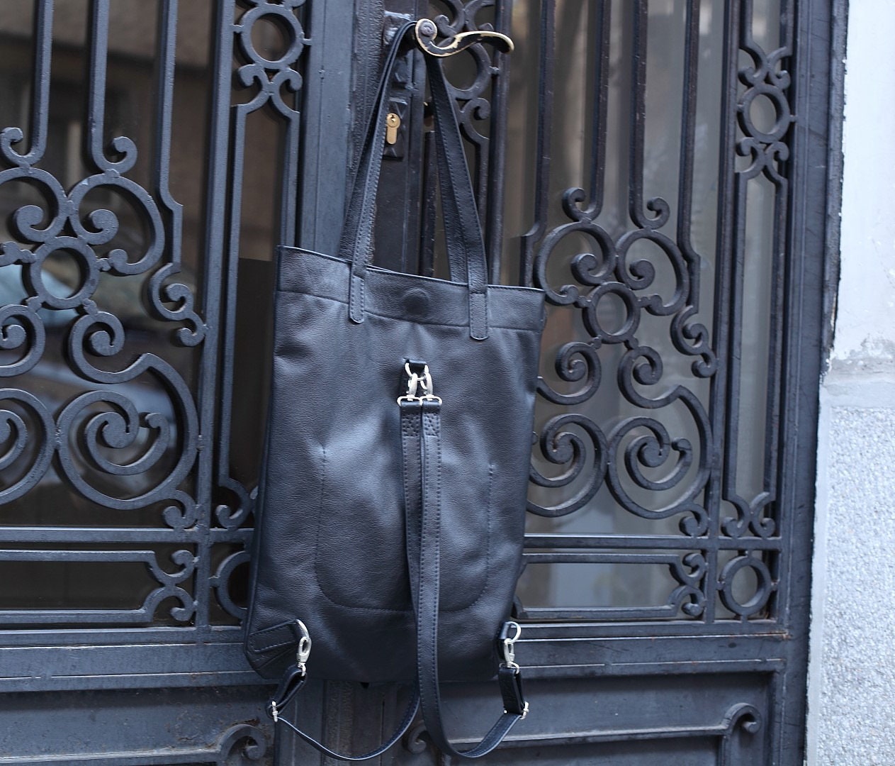 Tote Backpack Black Leather Bag, Versatility Bag - Etsy