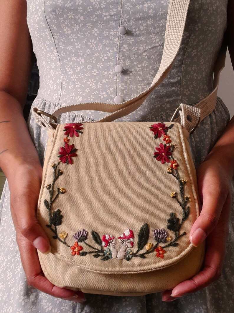Hand Embroidered Mushroom Floral Cottage Core Style Satchel - Etsy