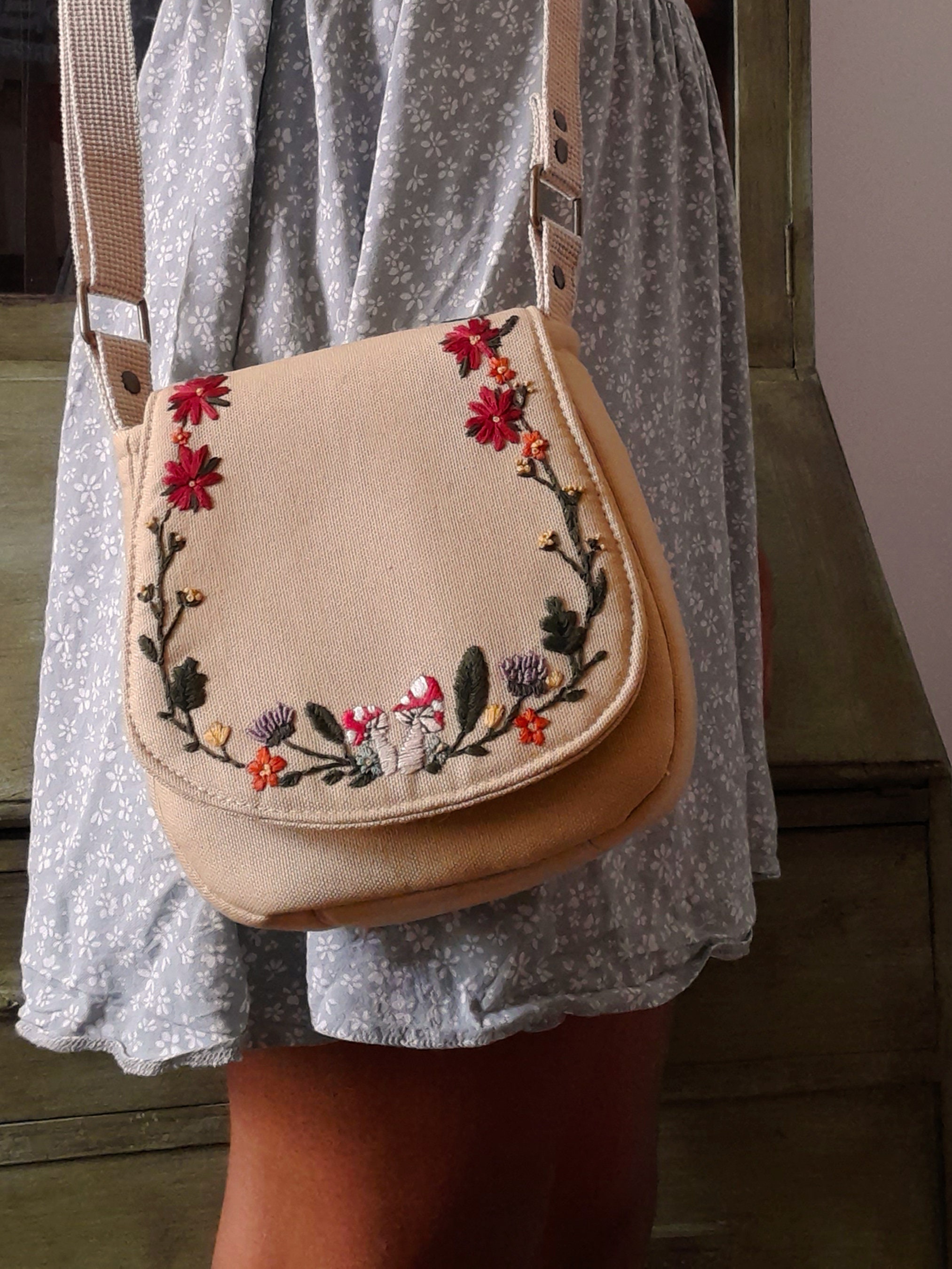 Hand Embroidered Mushroom Floral Cottage Core Style Satchel - Etsy