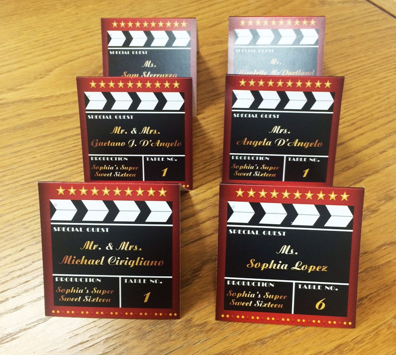 Hollywood theme place cards printed with guest name and table | Etsy