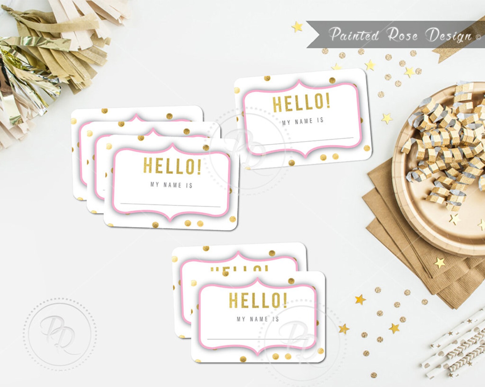 Name Tags Light Pink Gold Polka Dot Printable Party Event Birthday ...