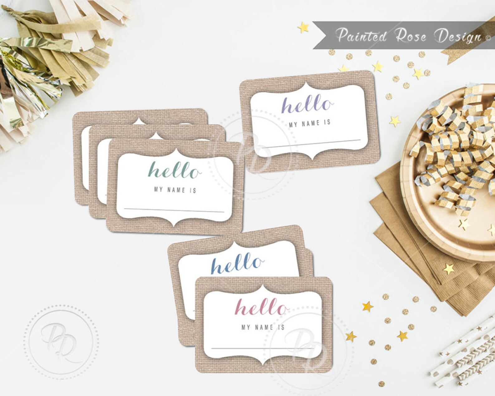 Name Tags Burlap Pastel Printable Party Event Birthday Wedding ...