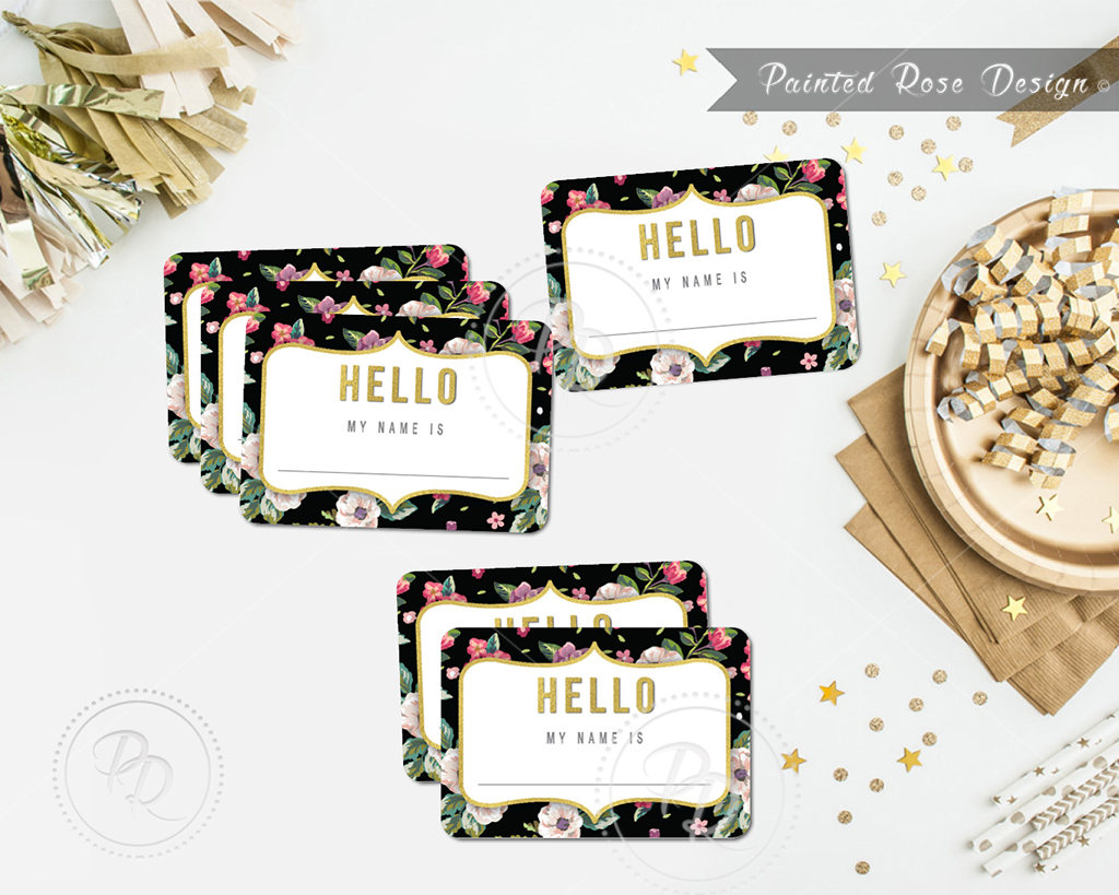 Name Tags Floral Gold Printable Party Event Birthday Wedding Retirement ...
