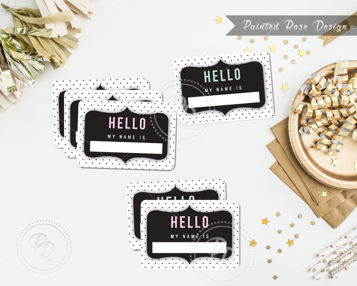 Name Tags Retro Vintage Green Pink Printable Party Event Birthday ...