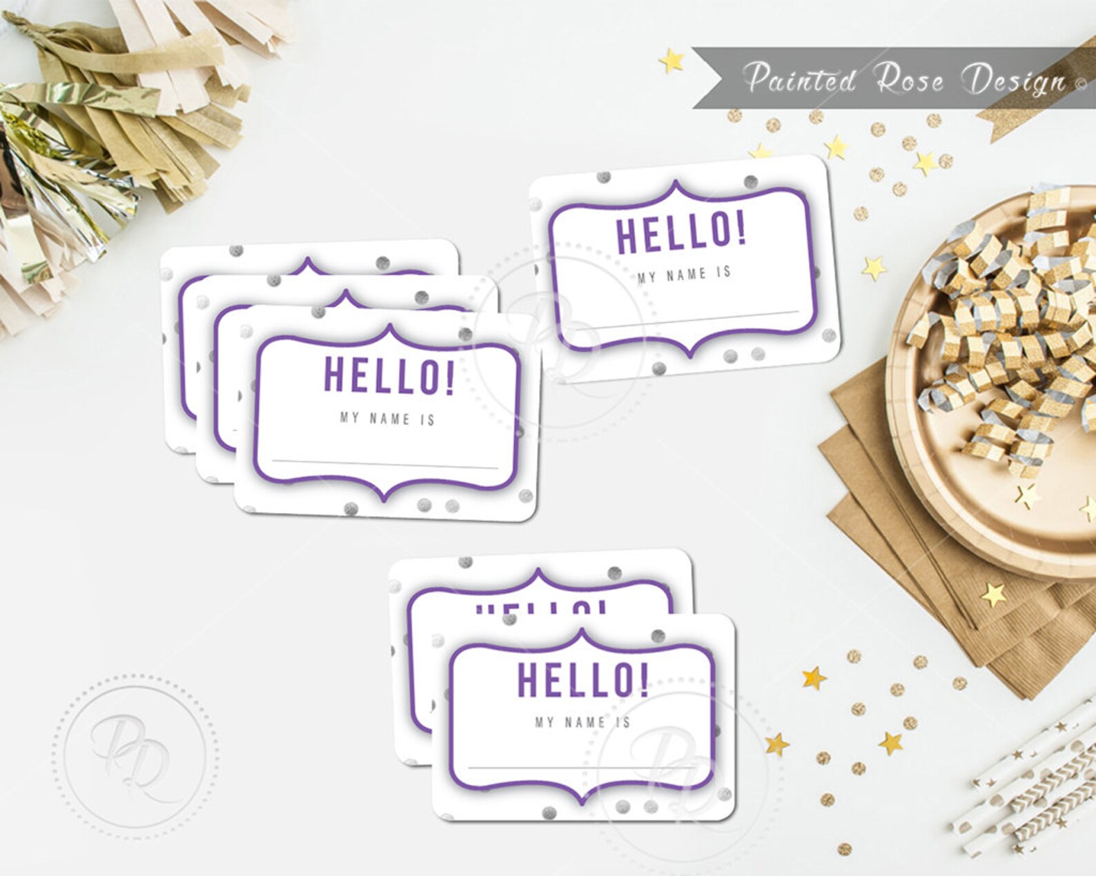 Name Tags Purple Silver Polka Dot Printable Party Event Birthday ...