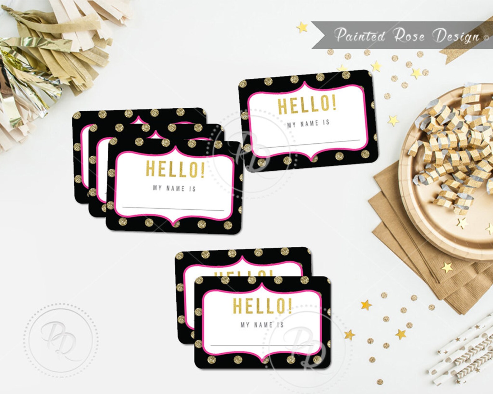 Name Tags Pink Black Gold Polka Dot Printable Party Event Birthday ...