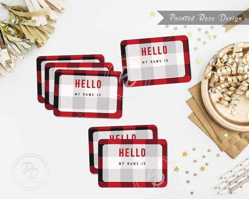 Name Tags Black Red Plaid Lumberjack Printable Boy's Birthday Bachelor ...